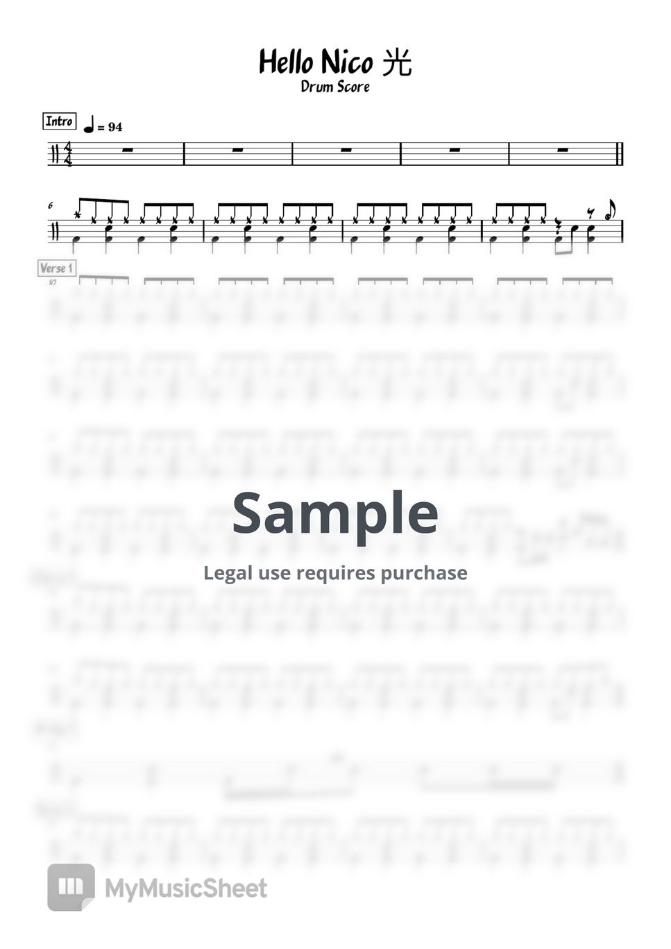 Hello Nico - Hello Nico 光 Drum Score Noten by Manfred Sun