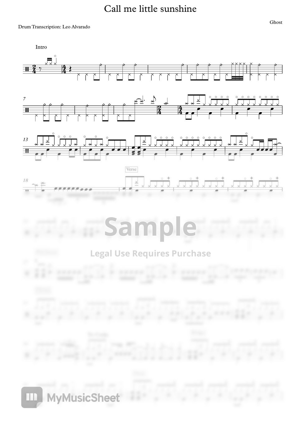 Ghost - Call me little sunshine Sheet Music by Drum Transcription: Leo ...