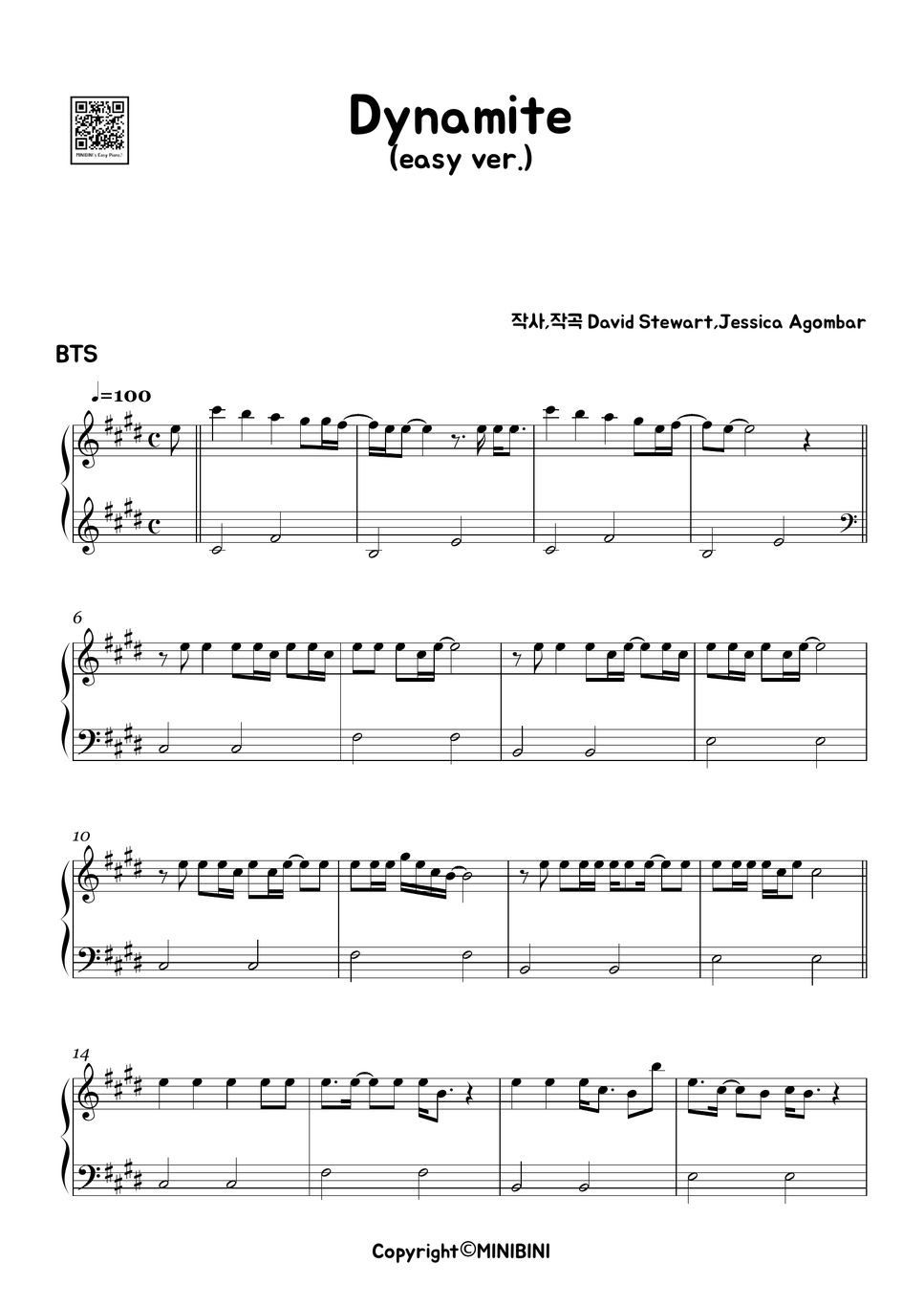 Bts 방탄소년단 Dynamite Easy Version 악보 By Minibini