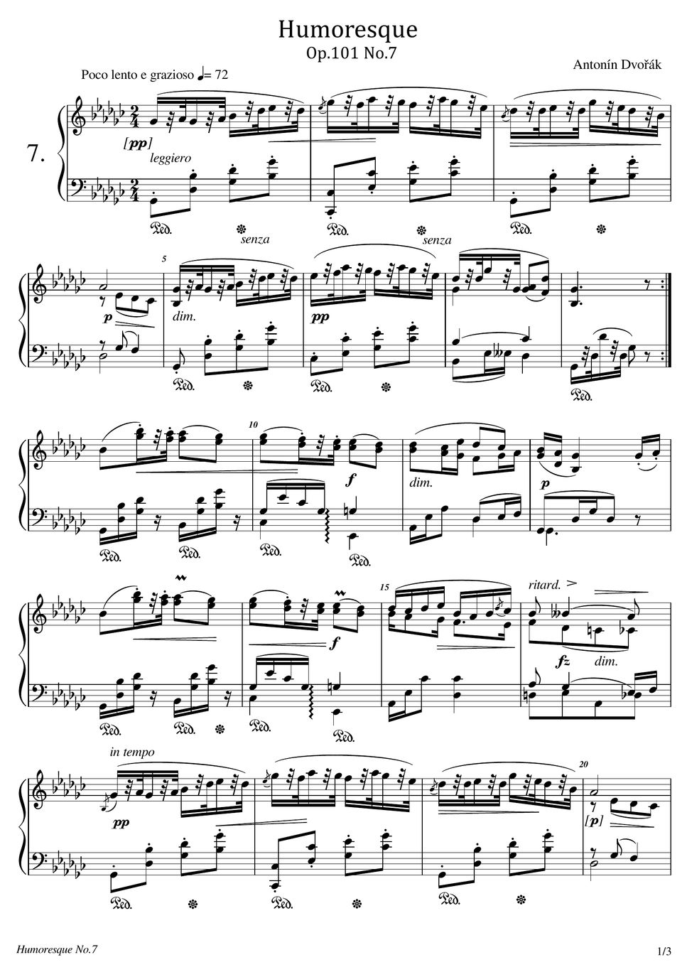 Antonín Dvořák - Humoresque Op.101 No.7 (For Piano Solo) 악보 by poon