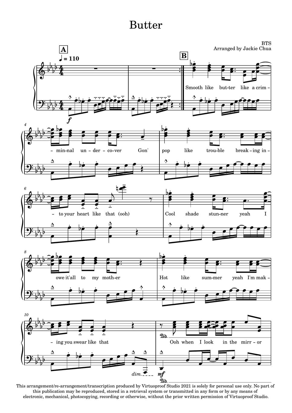 BTS 방탄소년단 - Butter (Ab Major - Original Key) (Piano Solo) Blad by ...