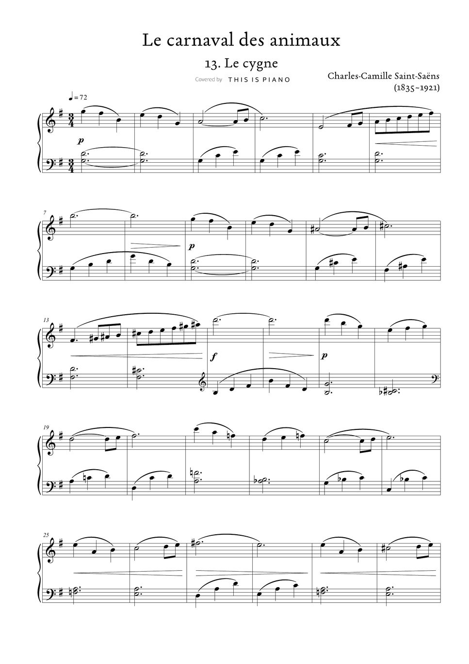 C. Saint-Saëns - Le Cygne(The Swan) (Easy Version) Sheets by THIS IS PIANO