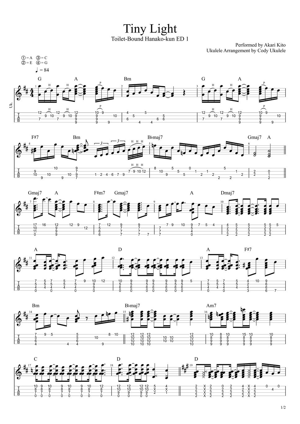 Akari Kito - Tiny Light Tab + 1staff by Cody Ukulele