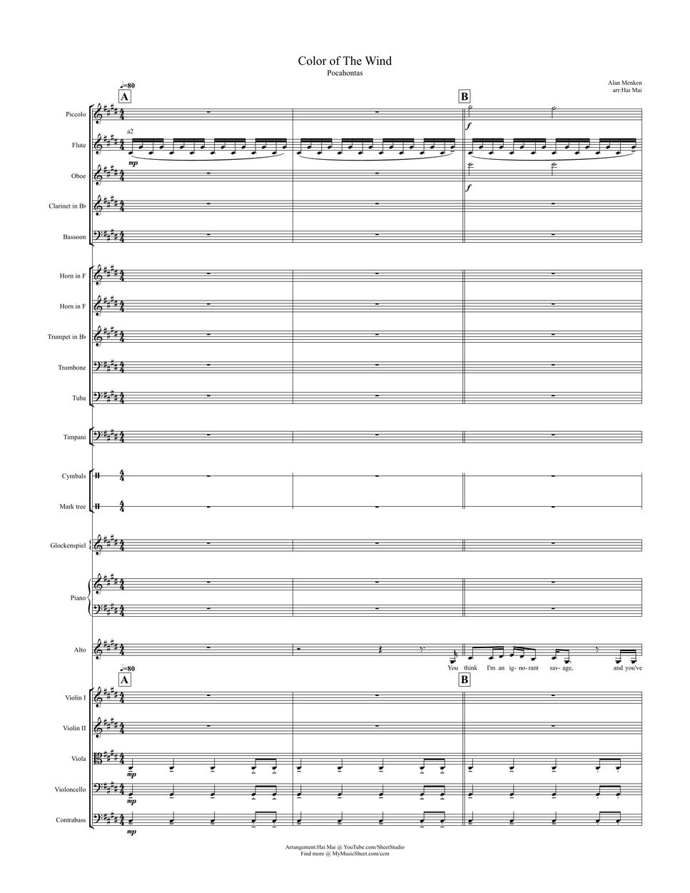 Alan Menken - Color of The Wind(Pocahontas) for Orchestra and Singer - Full Score Partitura by ...