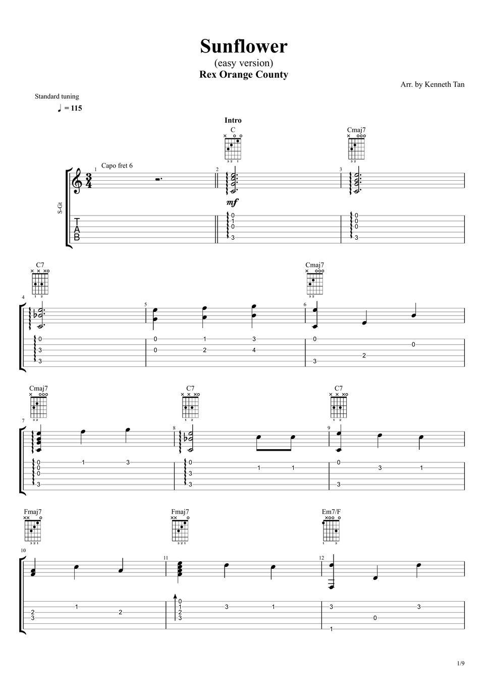 Rex Orange County | Fingerstyle Guitar - Sunflower (easy version) TAB ...