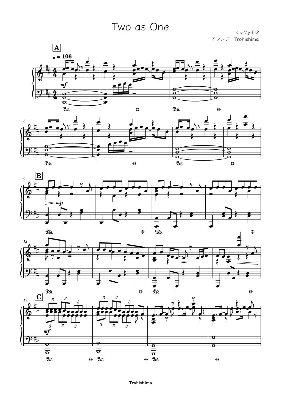 Kis-My-Ft2 - Two as One (ドラマ『NICE FLIGHT!』主題歌) 楽譜 by Trohishima