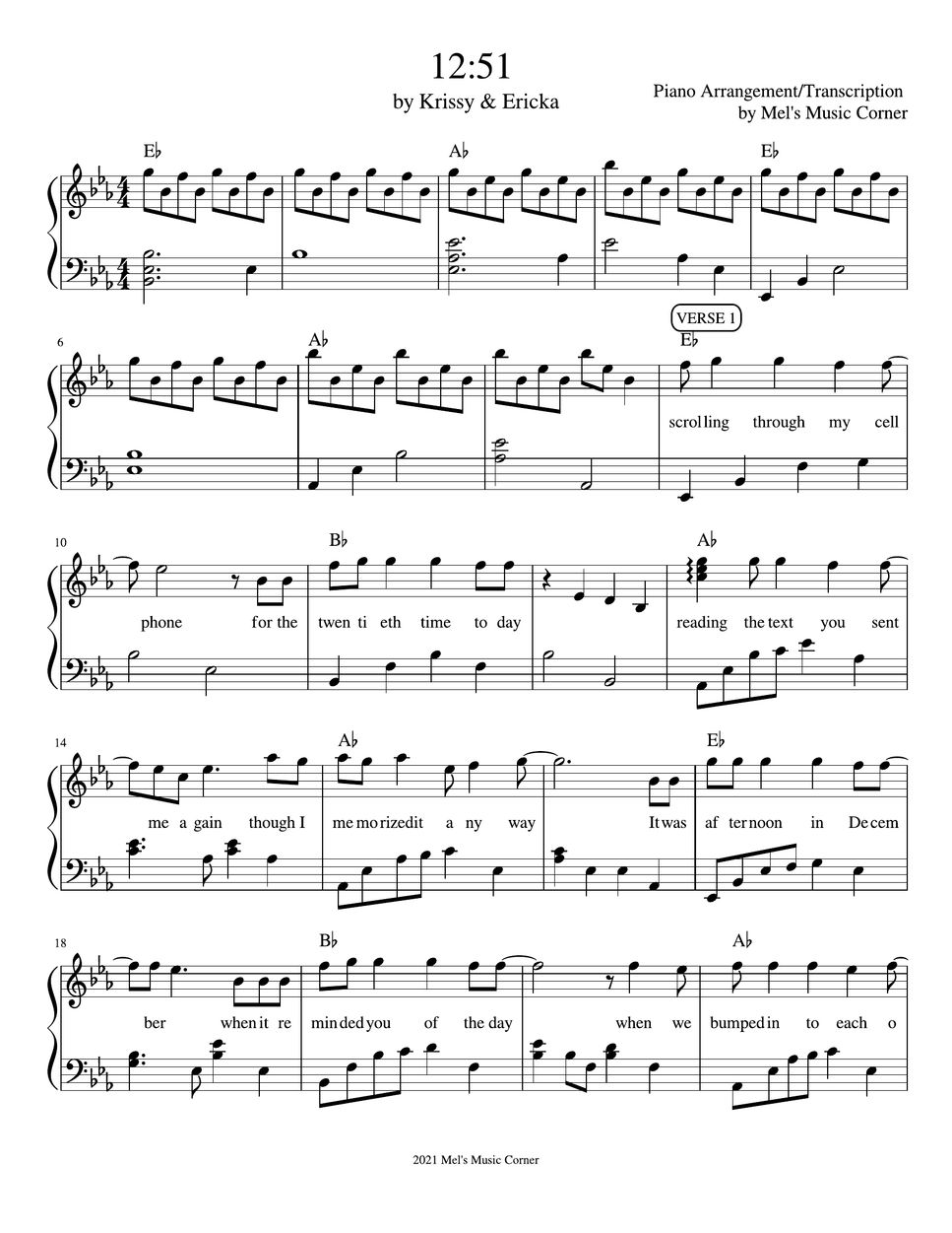 Krissy & Ericka - 12-51 (piano sheet music) Hoja by Mel Music Corner