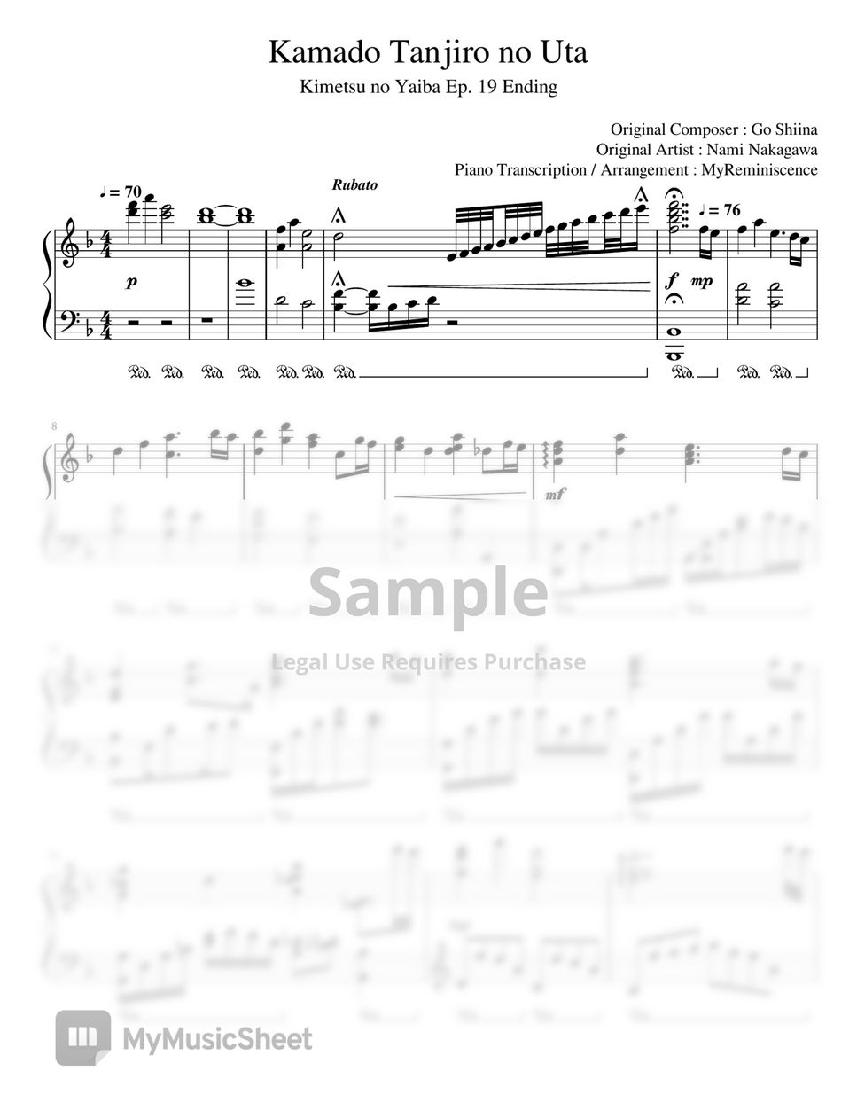 Go Shiina, Nami Nakagawa - Kamado Tanjiro no Uta (Kimetsu no Yaiba Ep. 19 OST) 曲谱 by Aoryn ...