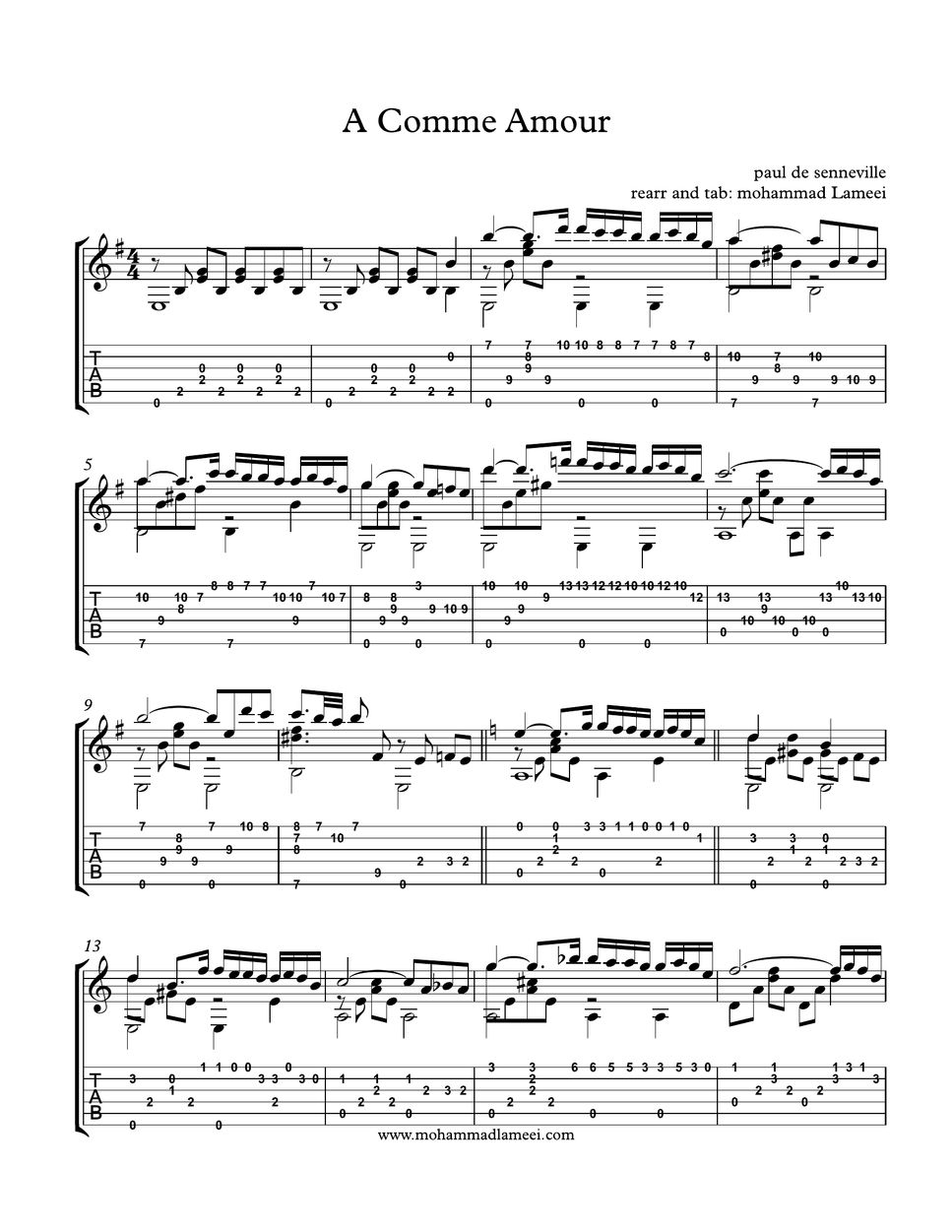 Richard Clayderman - A comme Amour Tab + 1staff by Mohammad Lameei