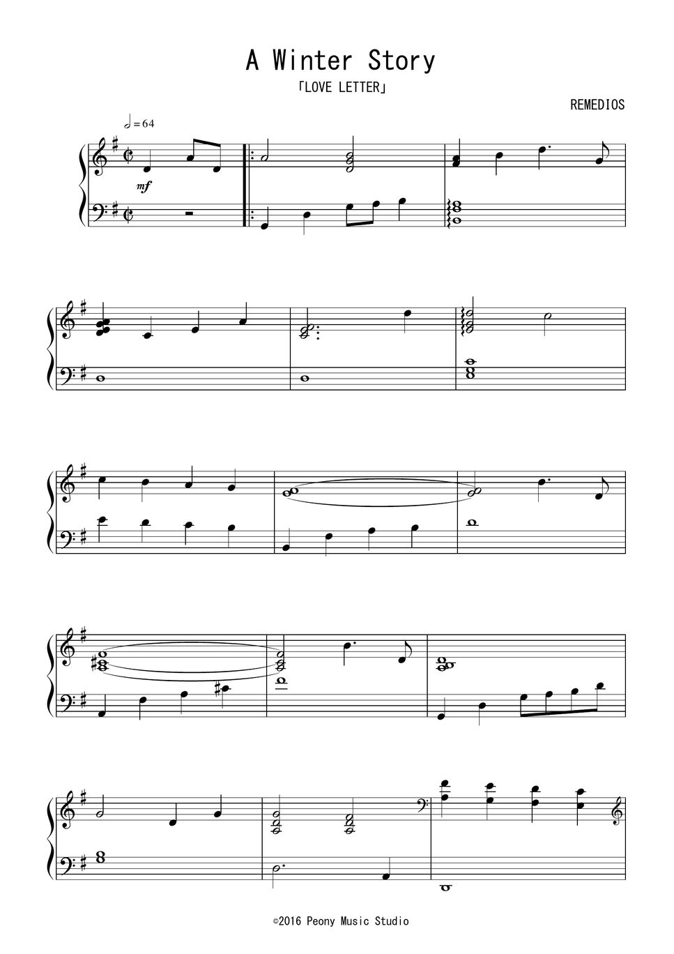 映画『Love Letter』OST - A Winter Story 楽譜 by Peony