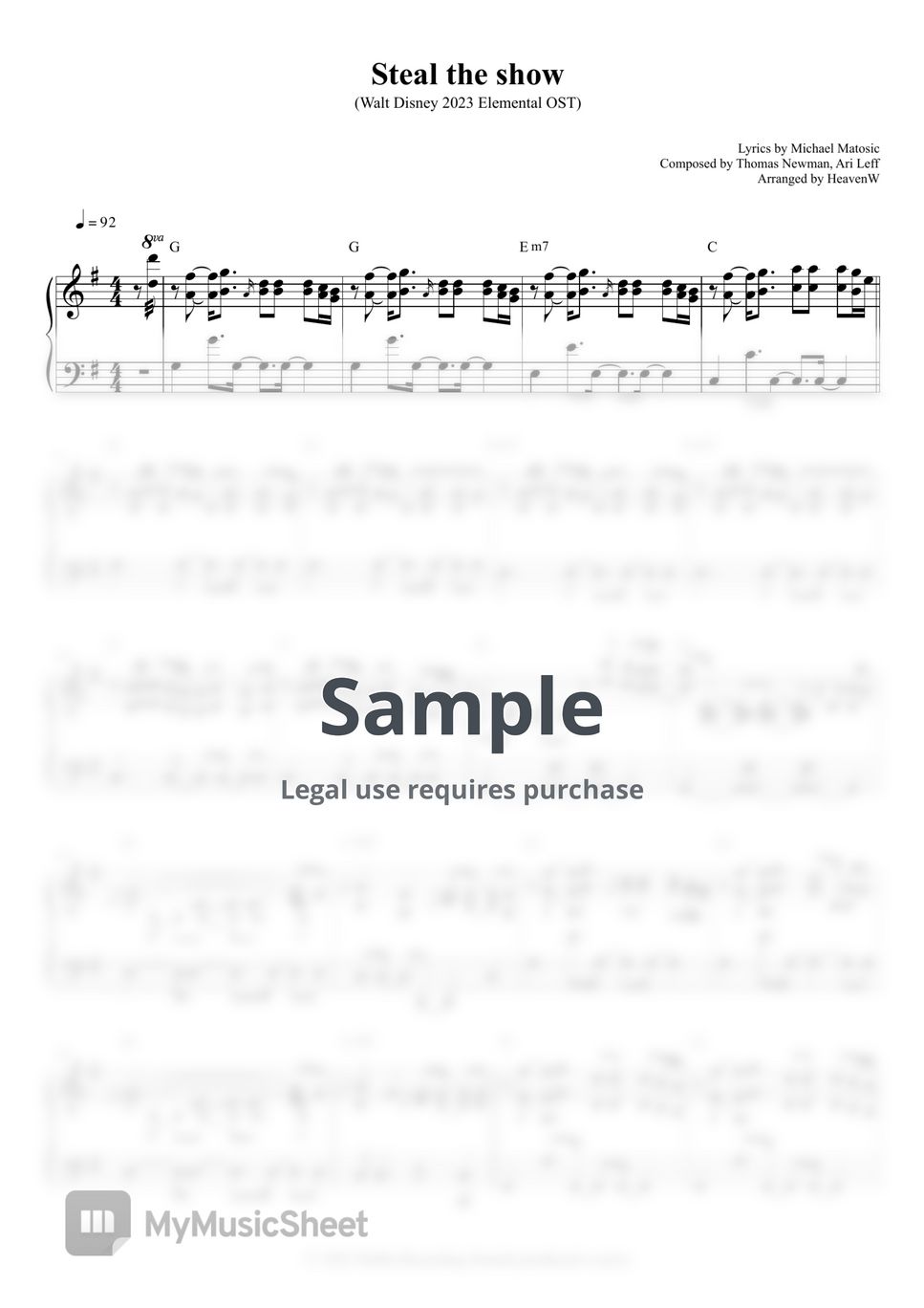 Lauv - Steal The Show (Elemental_OST) 원키 피아노 연주 Sheets by HeavenW