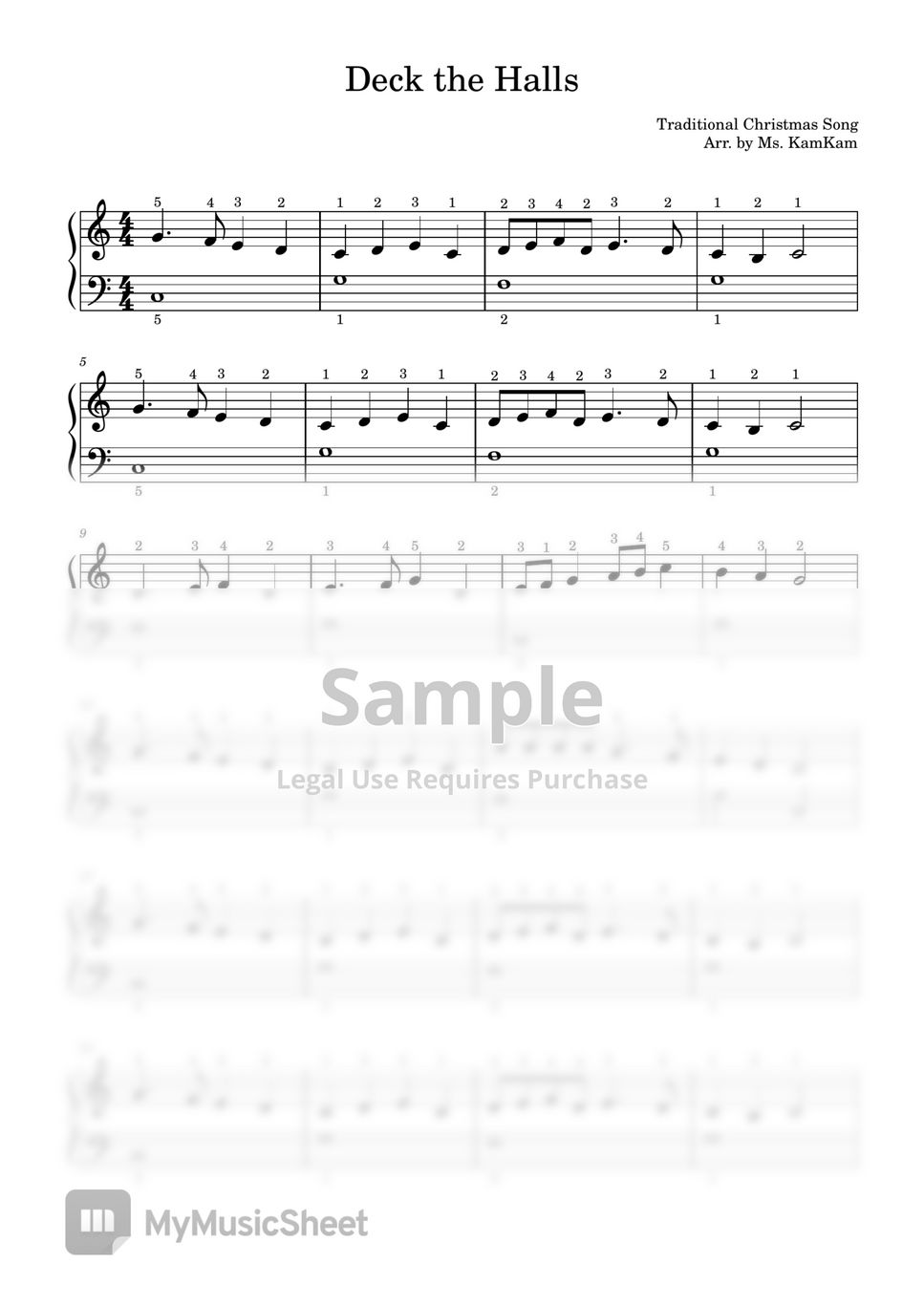 Deck the Halls (聖誕歌) (附有手指位) Sheet by Ms. KamKam
