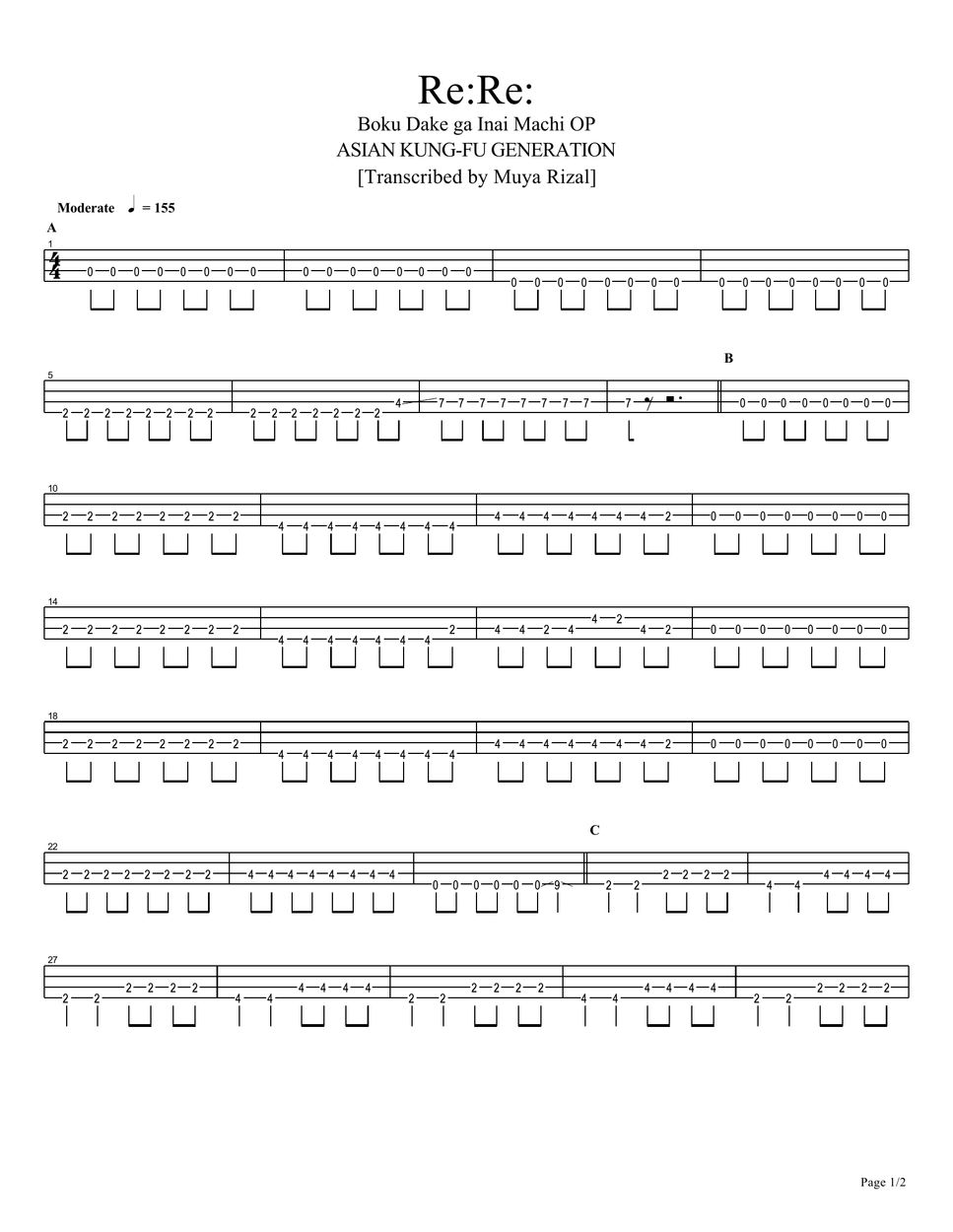 ASIAN KUNG-FU GENERATION - Re:Re: (Bass TAB Short Ver.) Sheets by Muya
