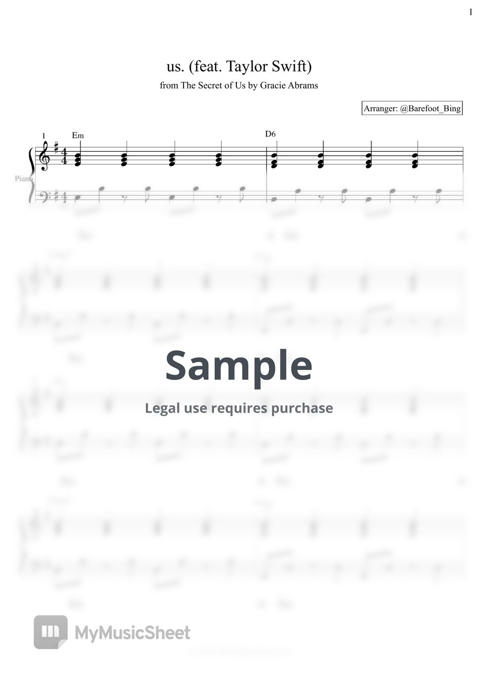 Gracie Abrams - us. (feat. Taylor Swift) 악보 by Barefoot Bing