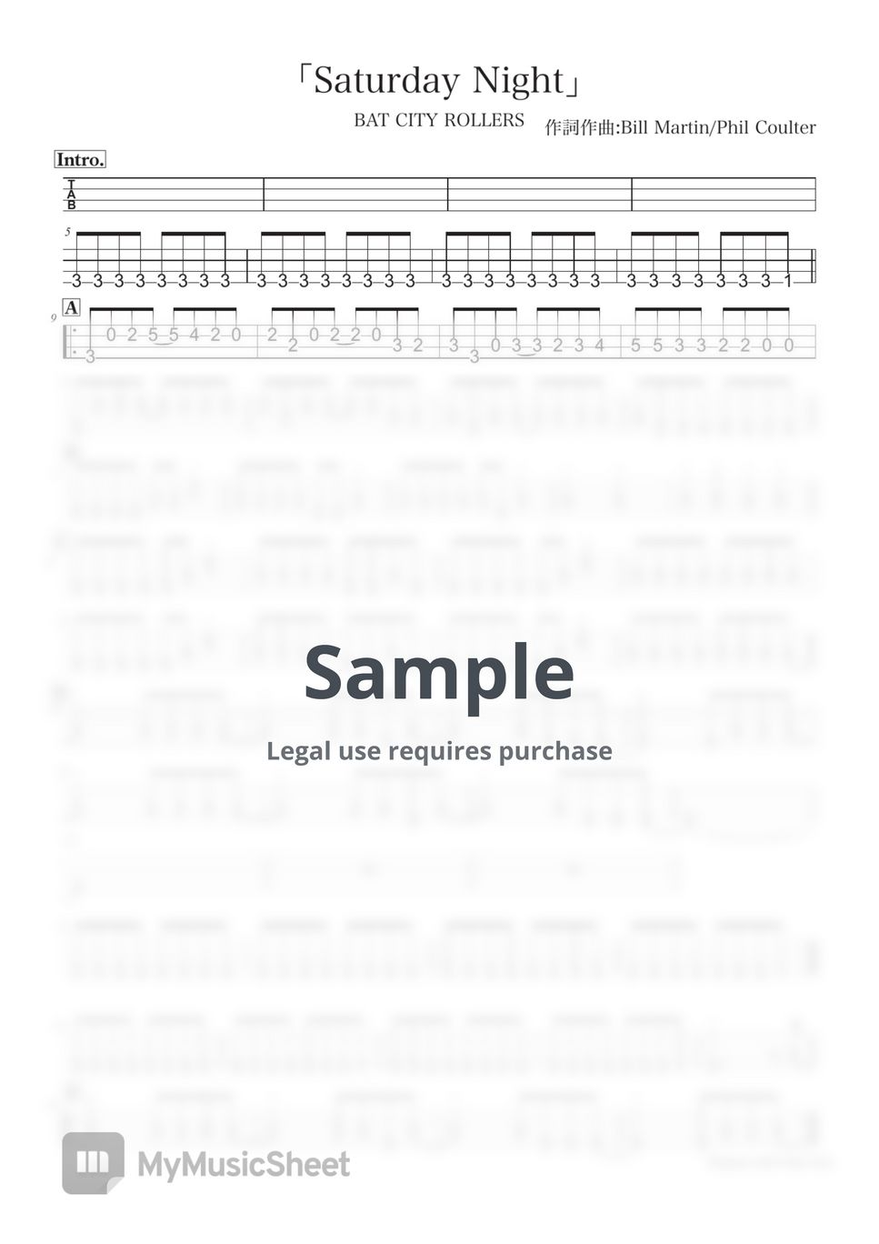 Bay City Rollers - Saturday Night (ベース譜/TAB譜のみ) Partition by きどりん