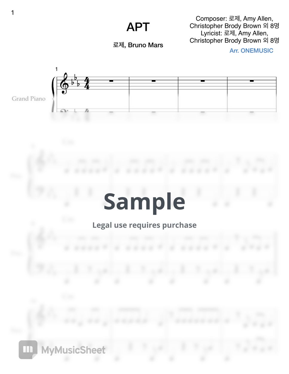 로제, Bruno Mars - APT 아파트 Sheets by ONEMUSIC (원곡Eb,D,쉬운버전F 포함) 총3개