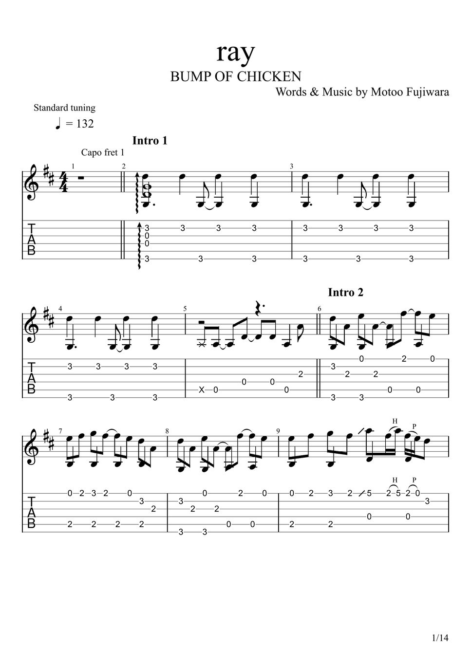 BUMP OF CHICKEN - ray (Fingerstyle) Partitura by u3danchou