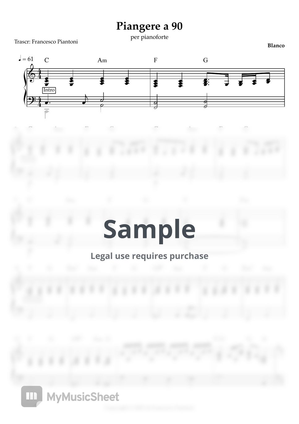 Blanco - Piangere a 90 (spartito pianoforte) Sheet Music by Francesco Piantoni