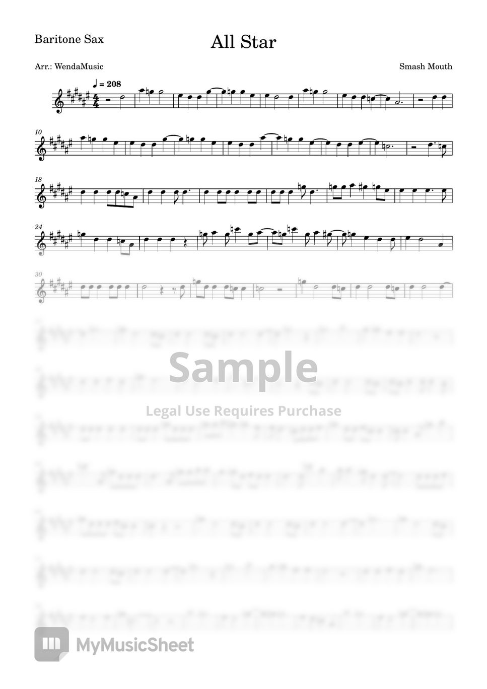 Smash Mouth - All Star (Baritone Sax) 楽譜 by WendaMusic