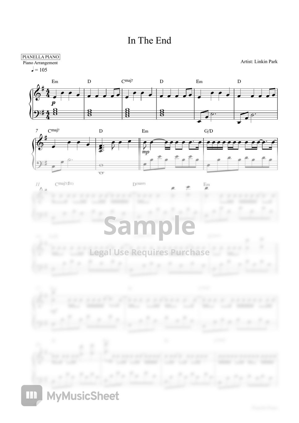 Linkin Park - In The End (2 PDF: Original Key Gb Major & G Major) Hoja by Pianella Piano