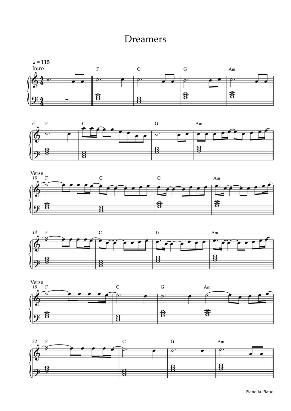 Jung Kook - Dreamers (MEDIUM PIANO SHEET) 악보 by Pianella Piano
