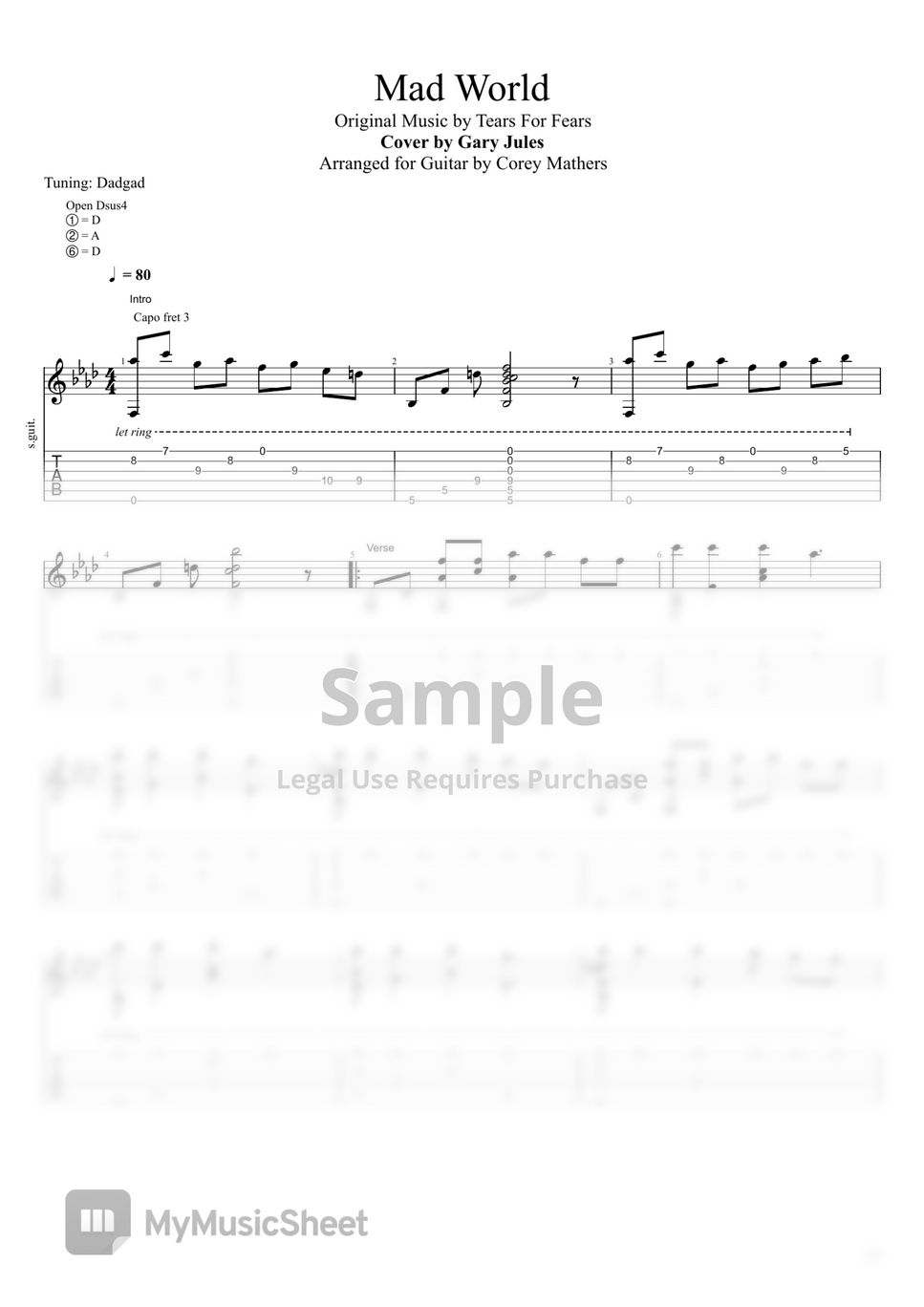 Gary Jules / Tears For Fears - Mad World Sheets by Corey Mathers