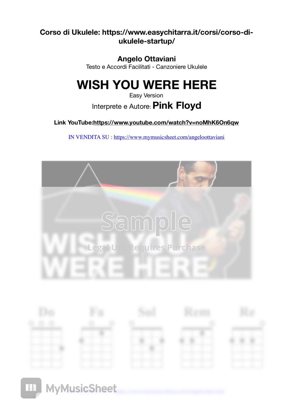 Pink Floyd - Wish You Were Here Tab + 단선 악보 by Ukulele