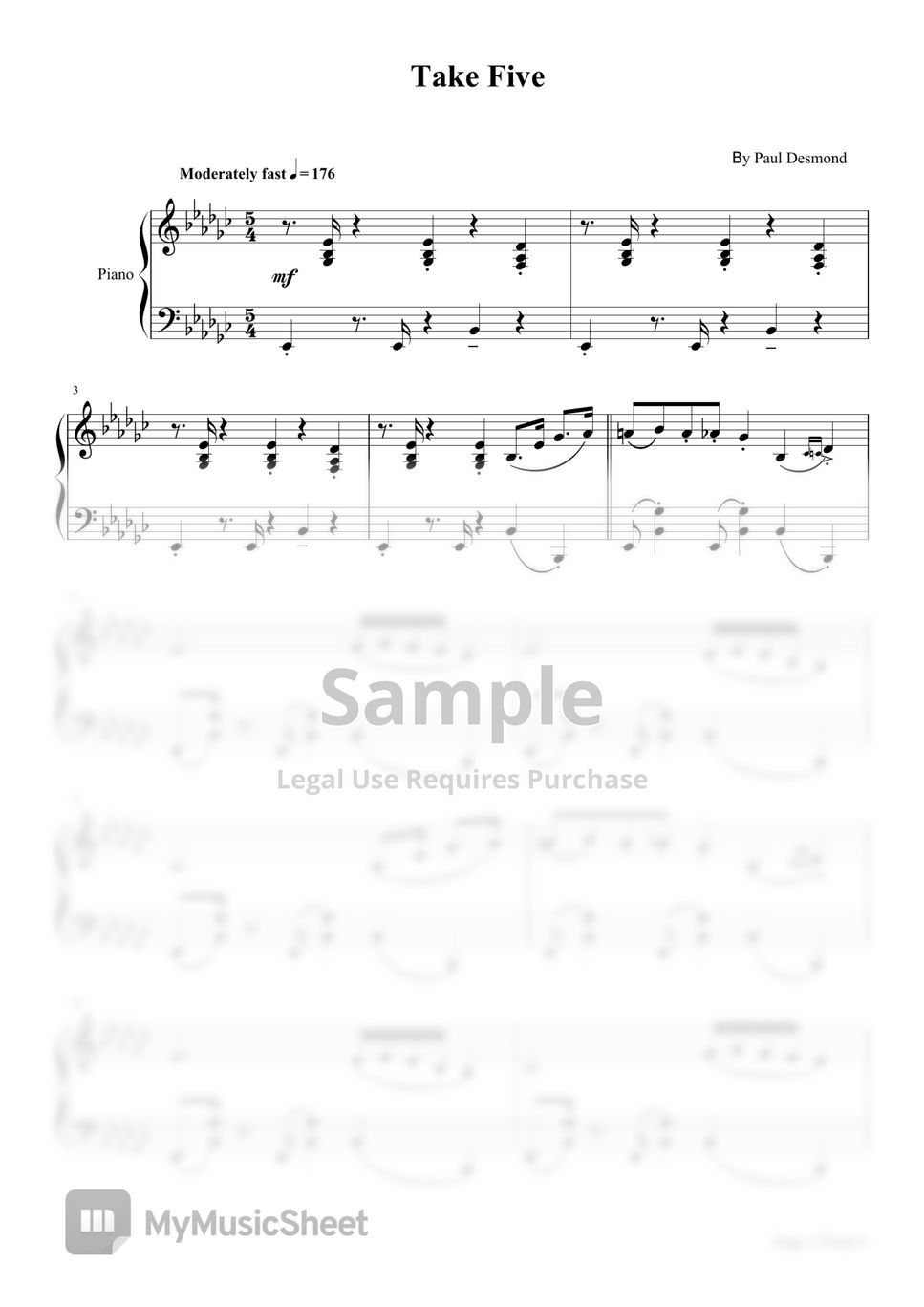 Paul Desmond - Take Five (Paul Desmond,Piano Solo Sheet) Sheets by poon
