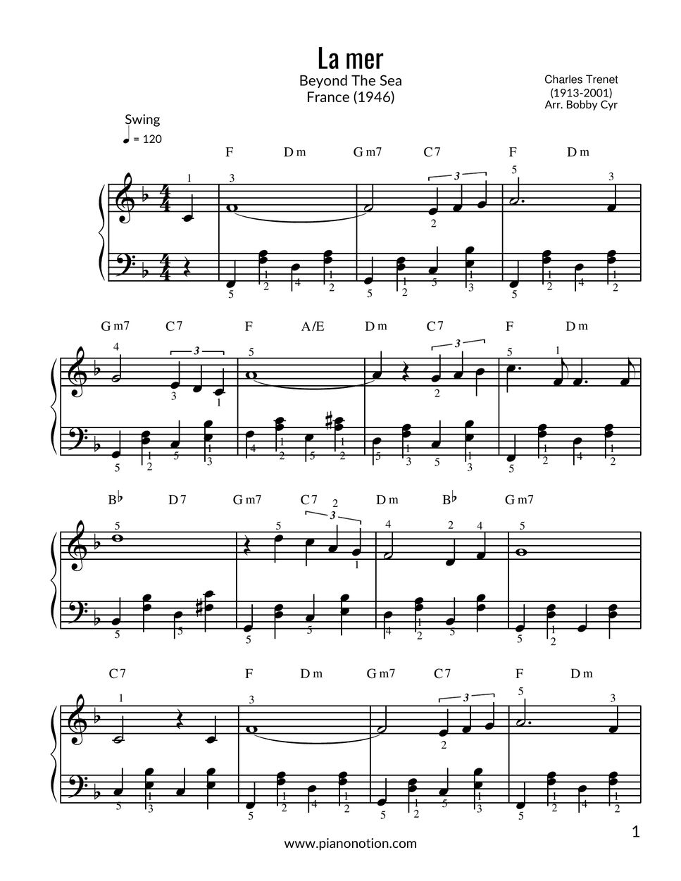 Charles Trenet - La mer - Beyond The Sea (Piano Solo) Sheets by Bobby Cyr