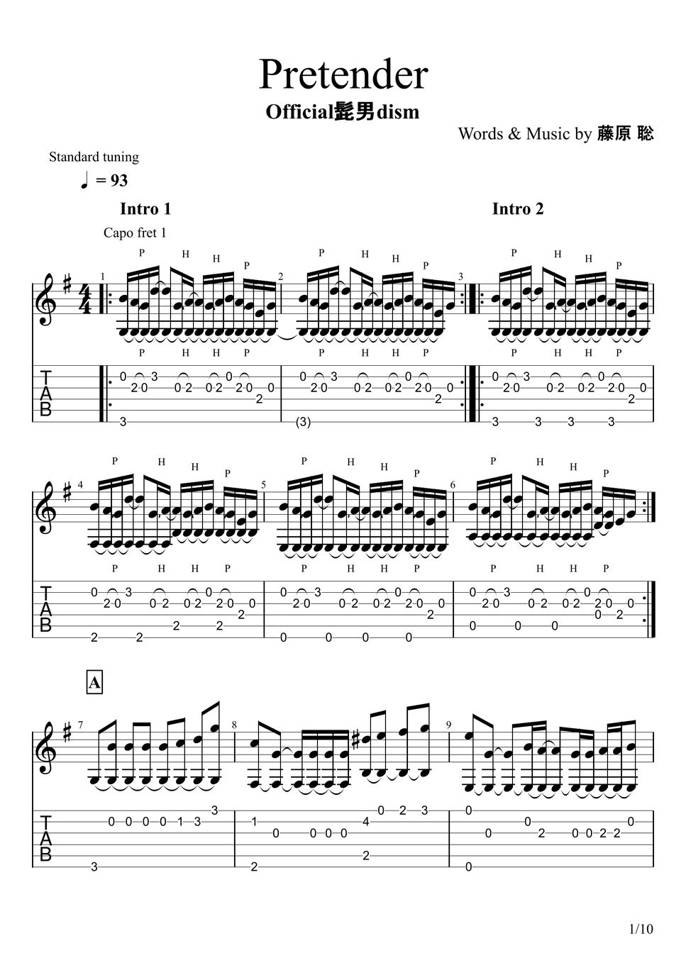 OFFICIAL HIGE DANDISM - Pretender (Fingerstyle) Tab + 1staff by u3danchou