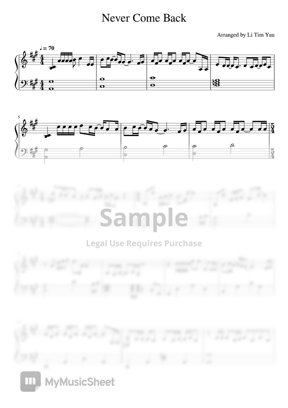 ERROR - Never Come Back (Piano Cover) 악보 by Li Tim Yau