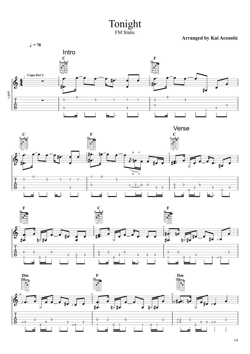 FM Static - Tonight | Fingerstyle Guitar Tutorial TAB Tab + 1staff by ...