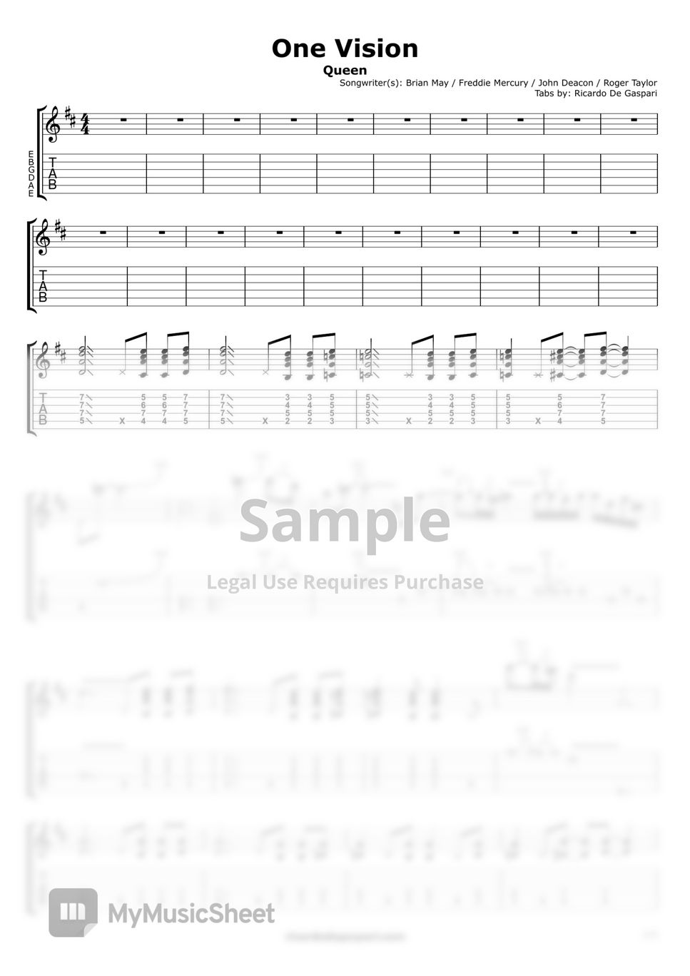 Queen - One Vision (for one guitar) 악보 by Ricardo De Gaspari