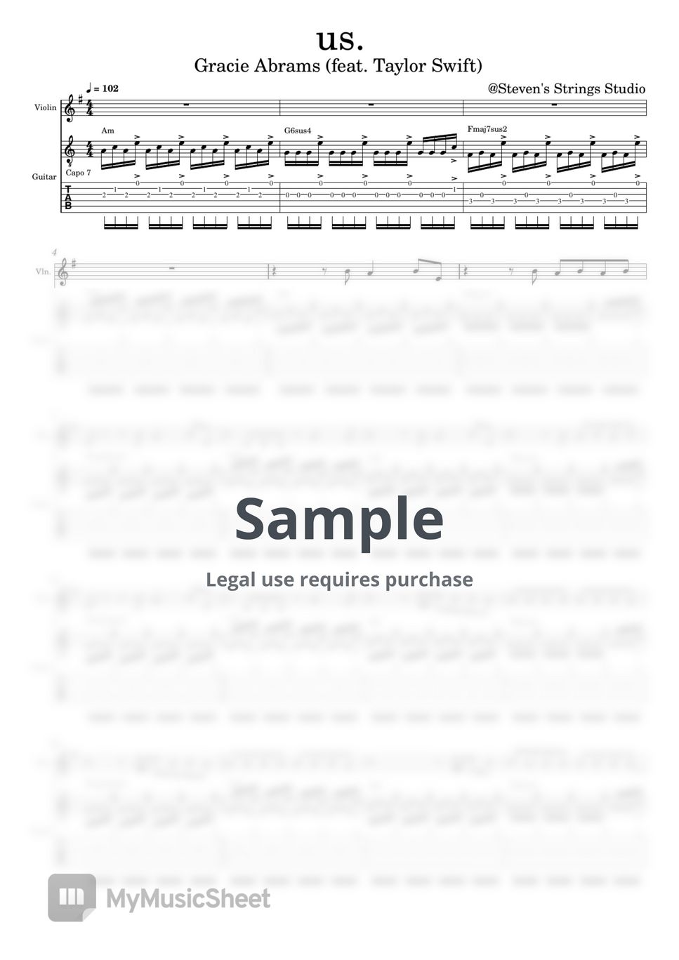 Gracie Abrams feat. Taylor Swift - us. (from Offline Love / Violin Guitar Duet) Tab + 1staff by ...