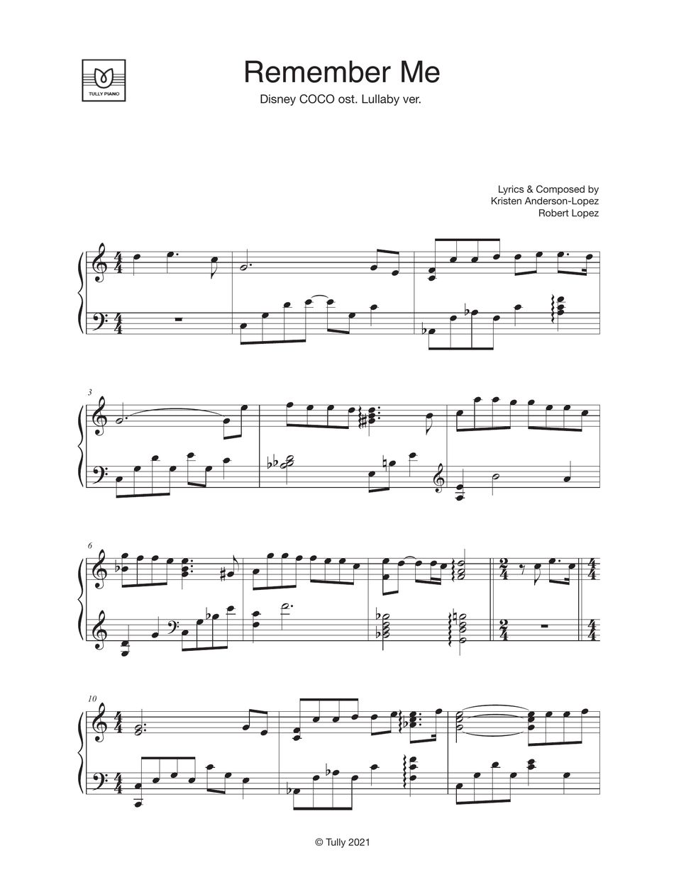 COCO (코코) ost - 'Remember Me' 기억해줘 (Lullaby ver.) Sheets by Tully Piano