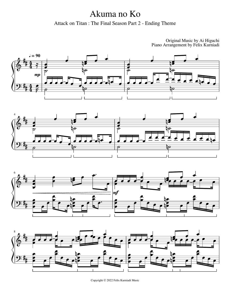 Ai Higuchi - Akuma no Ko / Attack On Titan Spartito by Felix Kurniadi