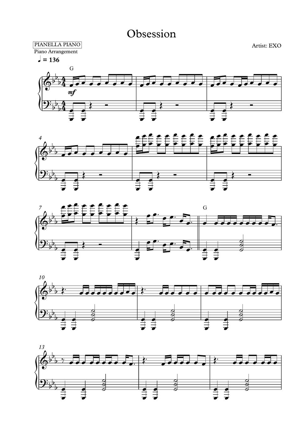 EXO - Obsession (Piano Sheet) Sheet by Pianella Piano