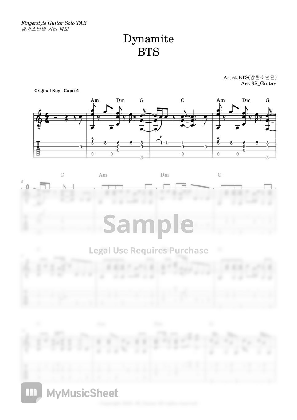 Bts 방탄소년단 Dynamite 다이나마이트 Fingerstyle Tab 악보 By 3s Guitar