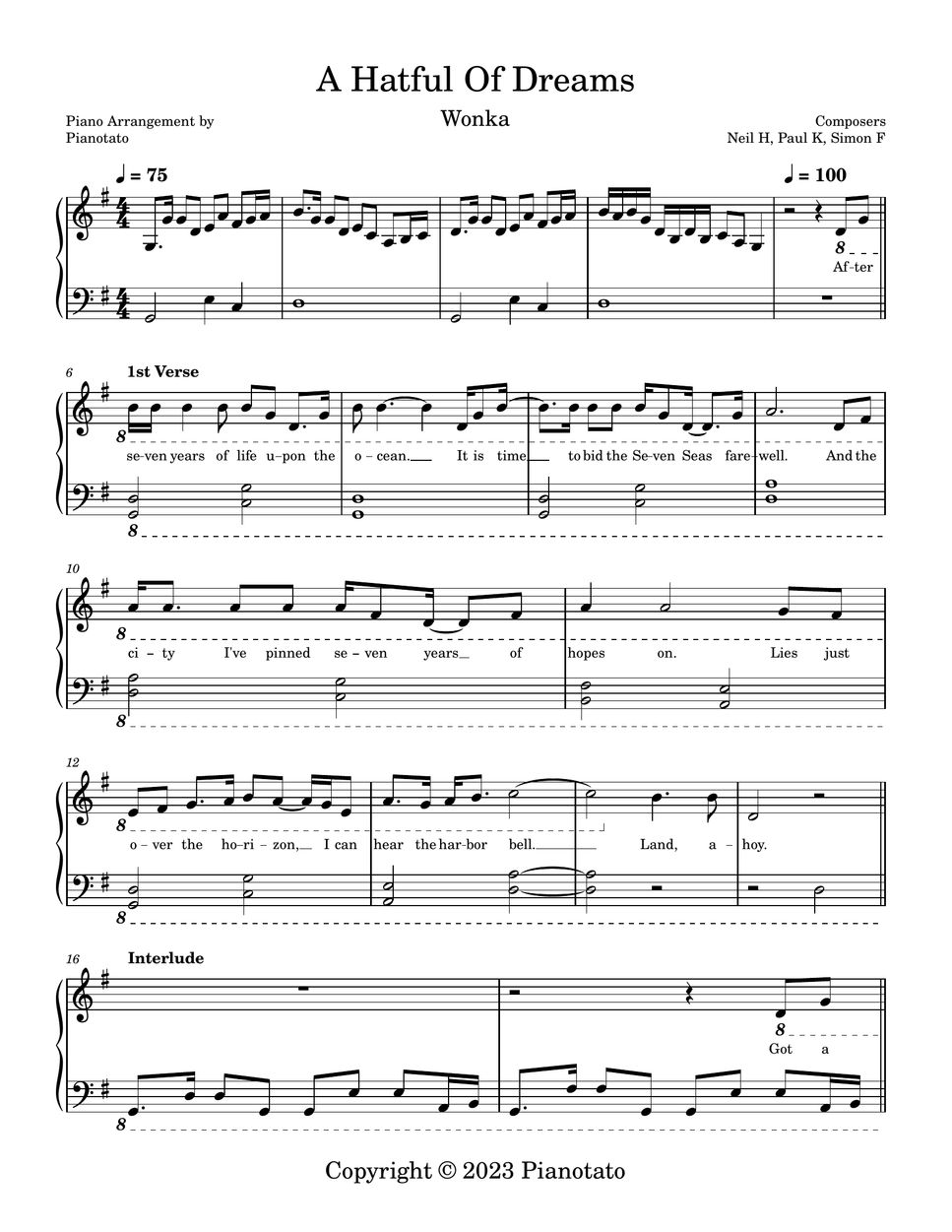 Timothée Chalamet - A Hatful Of Dreams (from Wonka) Sheet Music by Pianotato