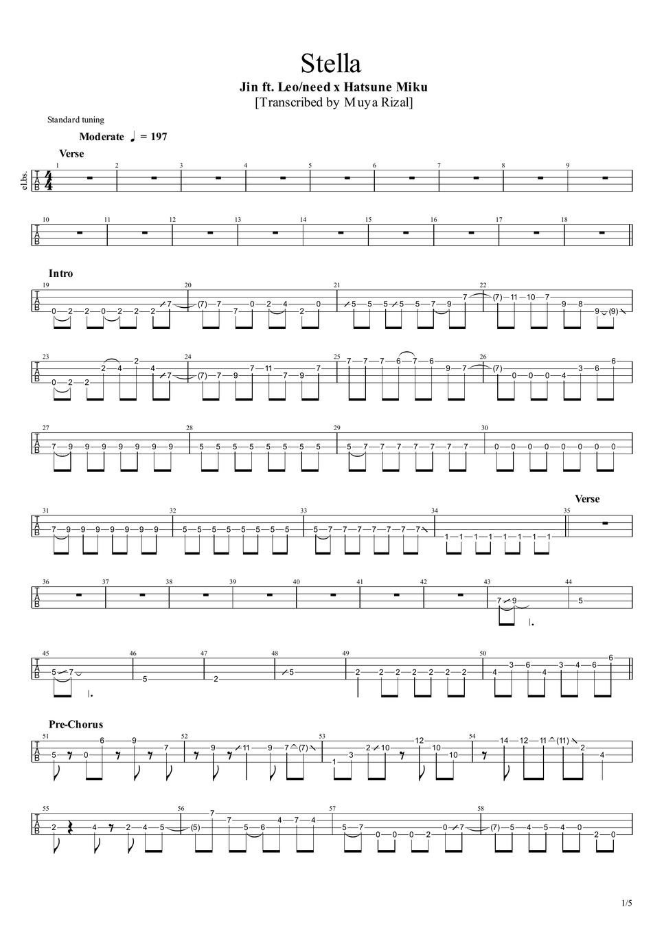 Leo/need - Stella (Bass TAB) Sheet Music by Muya