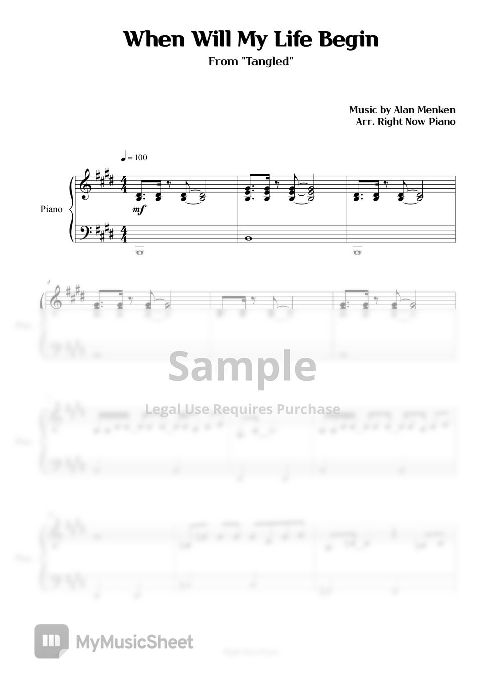 Tangled - When Will My Life Begin Sheets by Right Now Piano