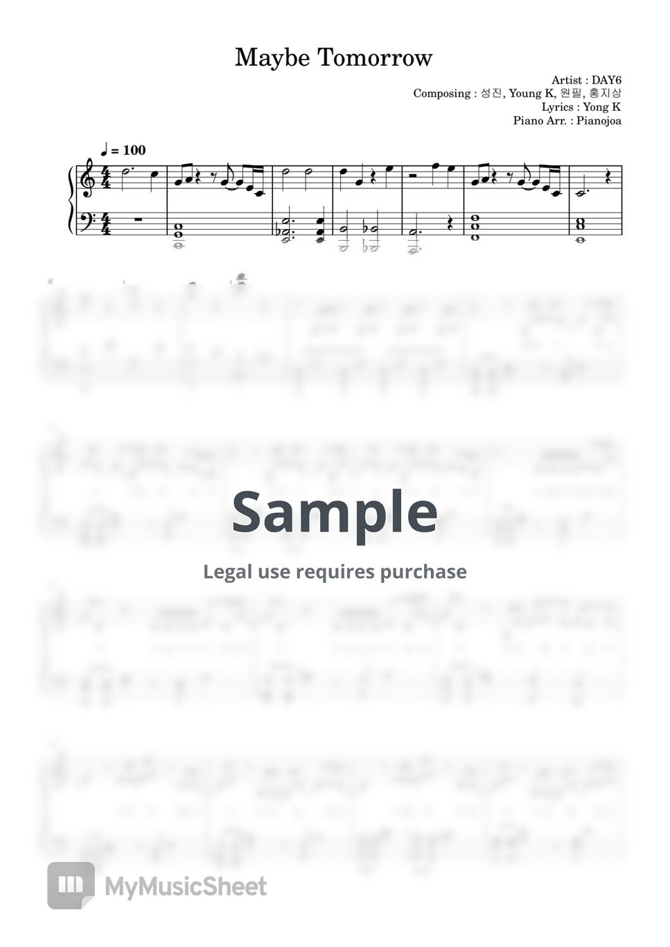 DAY6 - Maybe Tomorrow (가사포함) Sheet Music by Pianojoa