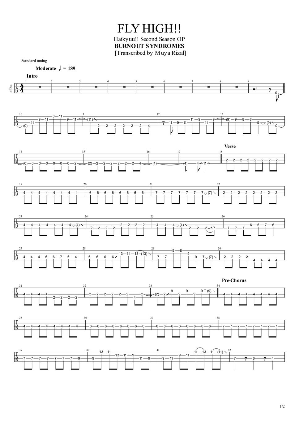 BURNOUT SYNDROMES - Fly HIgh!! (Bass TAB Short Ver.) Sheets by Muya
