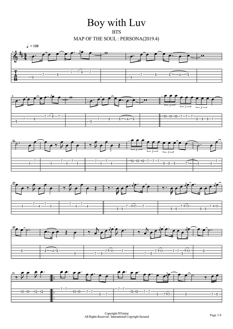 BTS - Boy With Luv (작은 것들을 위한 시) (Guitar Cover) Tab + 1staff by FFGuitar