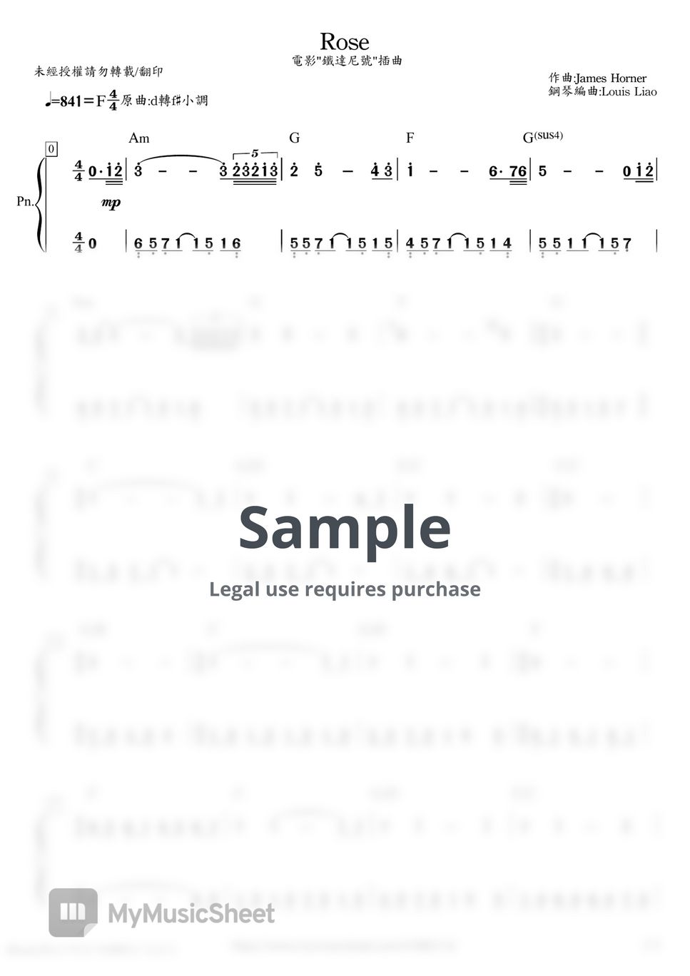 詹姆斯霍納 James Horner - Rose (簡譜版 電影 鐵達尼號 插曲) Sheets by LouisLiao