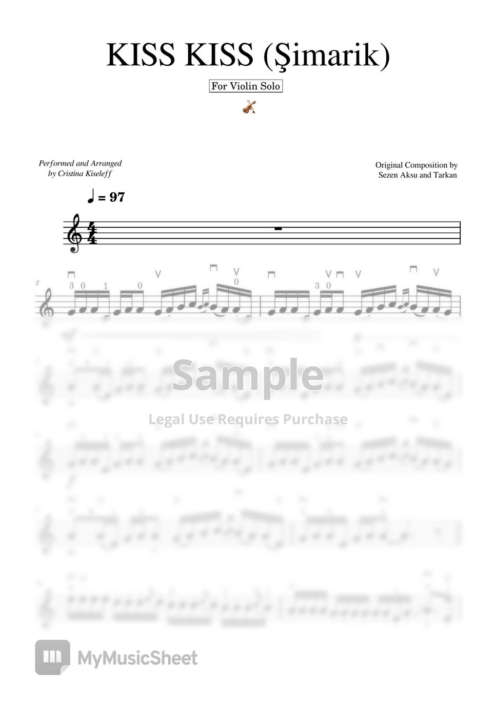 Tarkan - KISS KISS (Simarik) (For Violin Solo) 악보 by Cristina Kiseleff