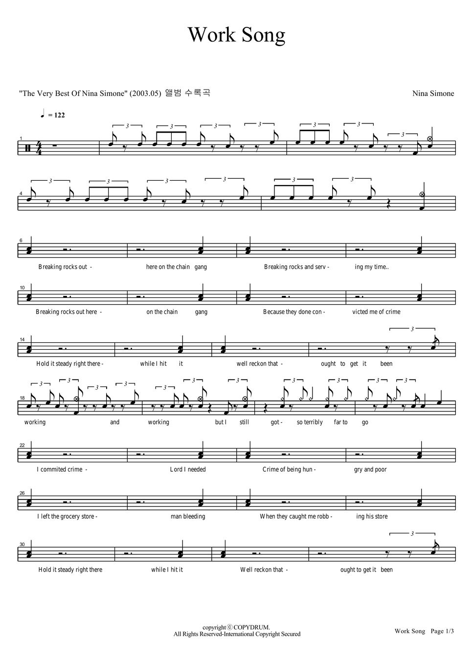 Nina Simone - Work Song Sheets by COPYDRUM