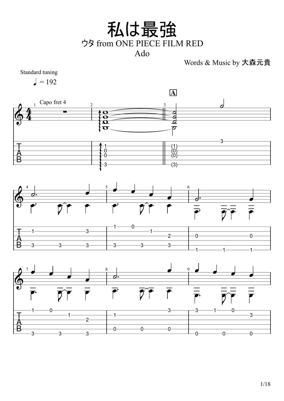 One Piece Film Red - Watashi wa Saikyou (Fingerstyle) TAB by u3danchou