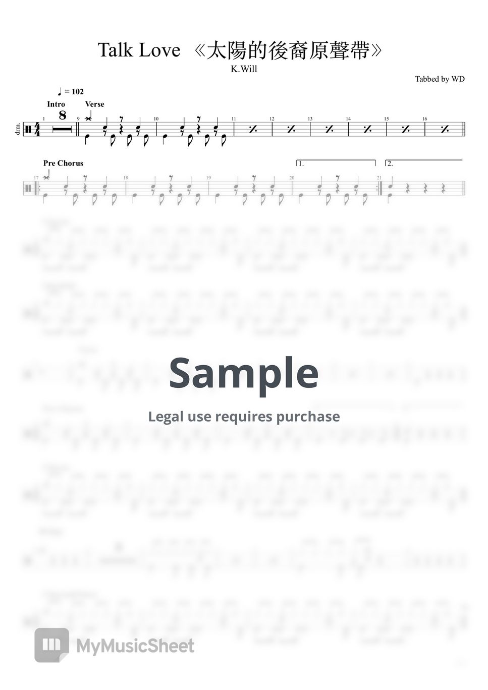 K.will(케이윌) - Talk Love(말해! 뭐해?) 태양의 후예 OST Partitura by 劉宗瑋 WD