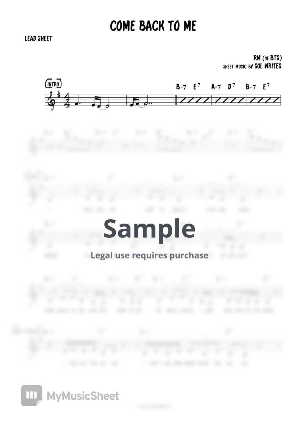 RM - Come back to me (Lead Sheet - Chords & Lyrics) Sheet Music by Sol ...